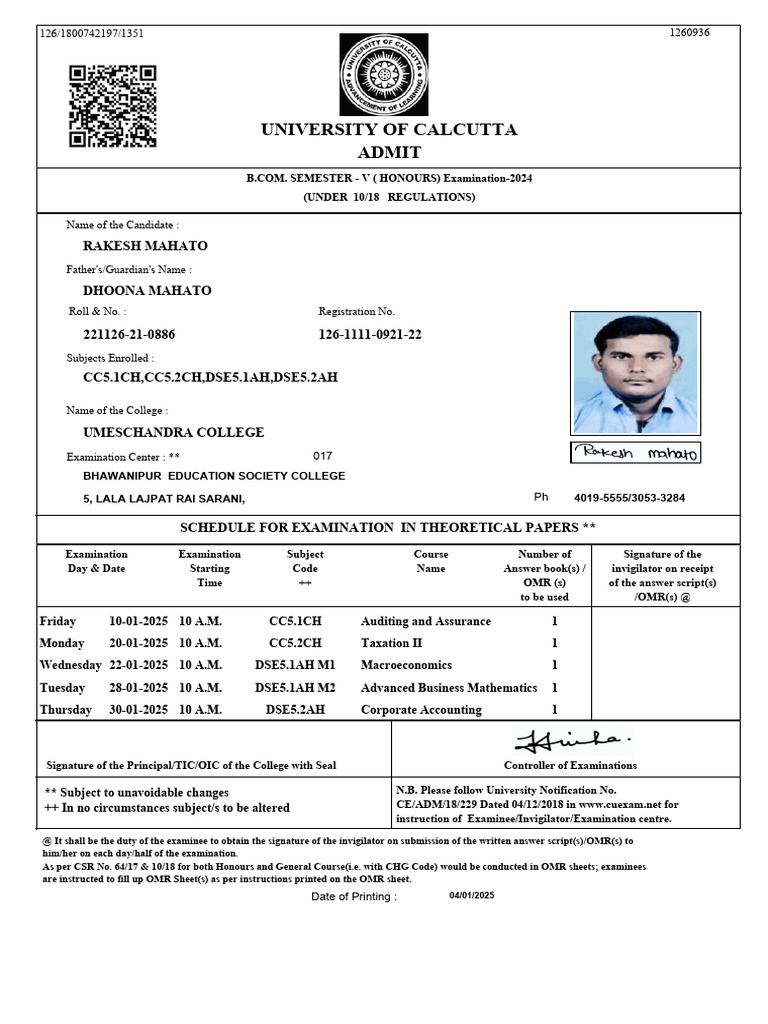 College Admit Card | PDF | Business Economics | Financial Services