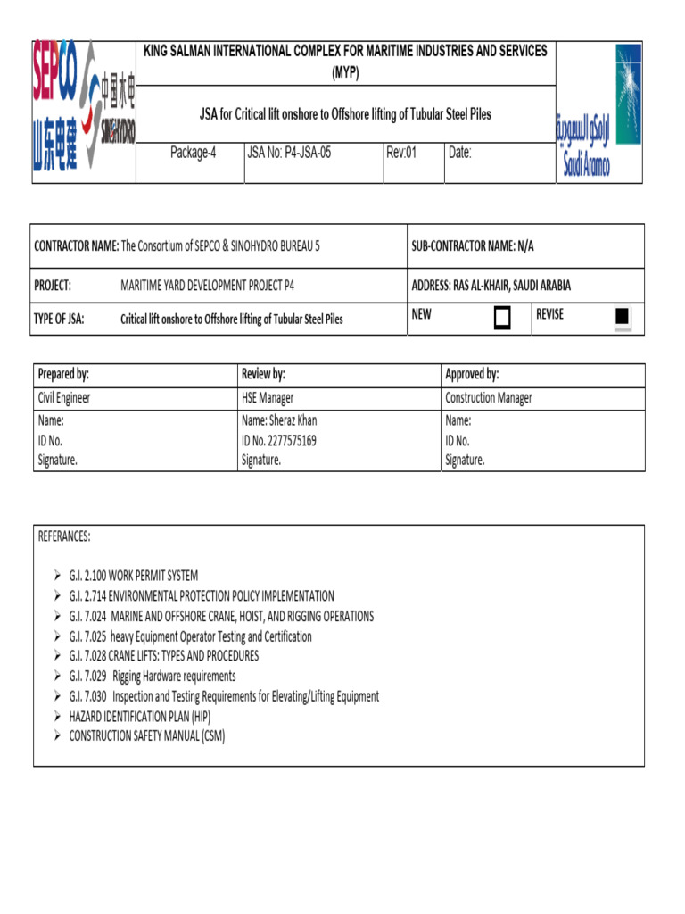 JSA 05 For Critical-Lift Onshore To Offshore Lifting of Tubular Steel ...