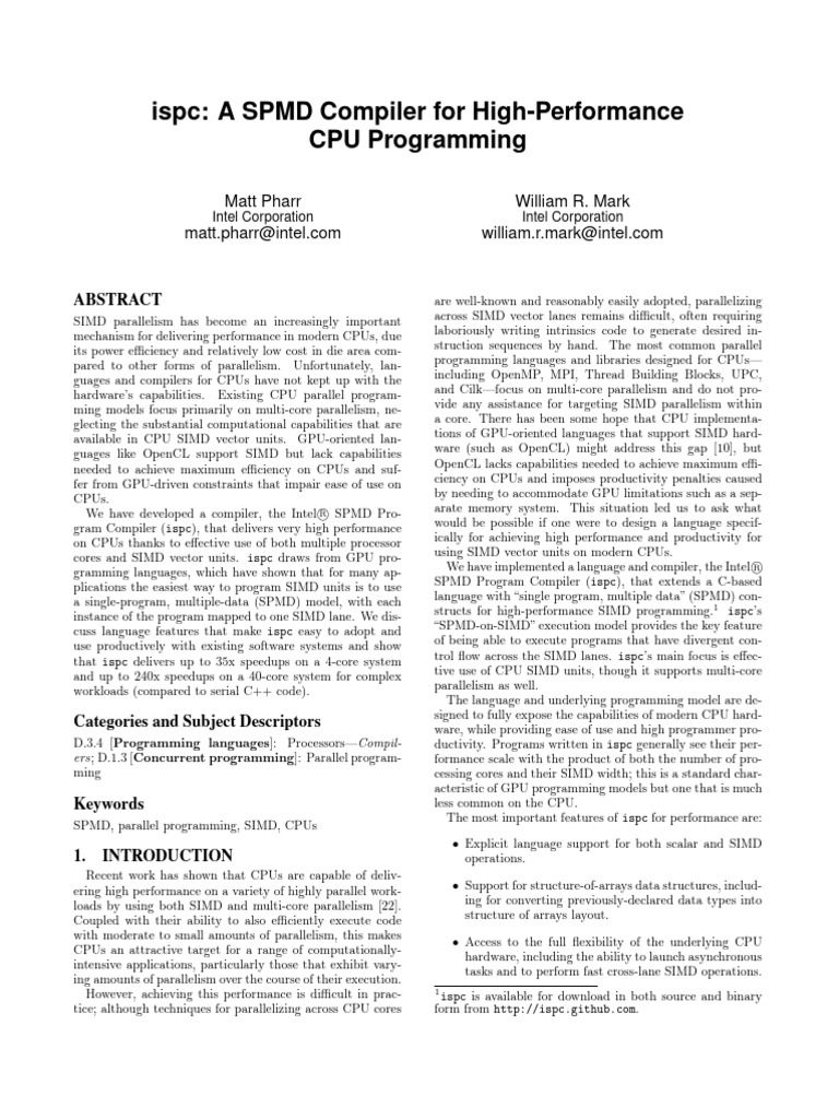 Ispc - A SPMD Compiler for High-Performance CPU Programming (Ispc_inpar_2012) | PDF | Parallel ...