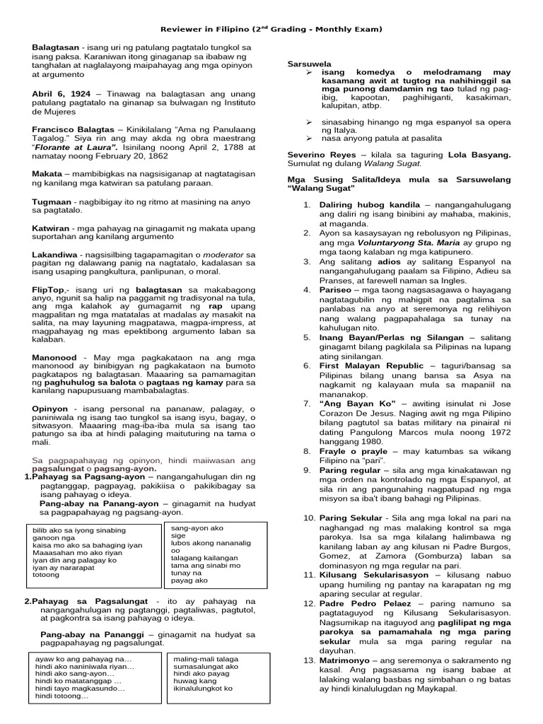 Reviewer in Filipino-2nd Grading | PDF