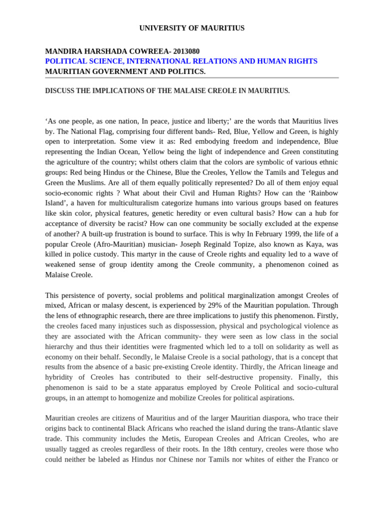Impacts of Malaise Creole in Mauritius | PDF | Mauritius | Multiculturalism