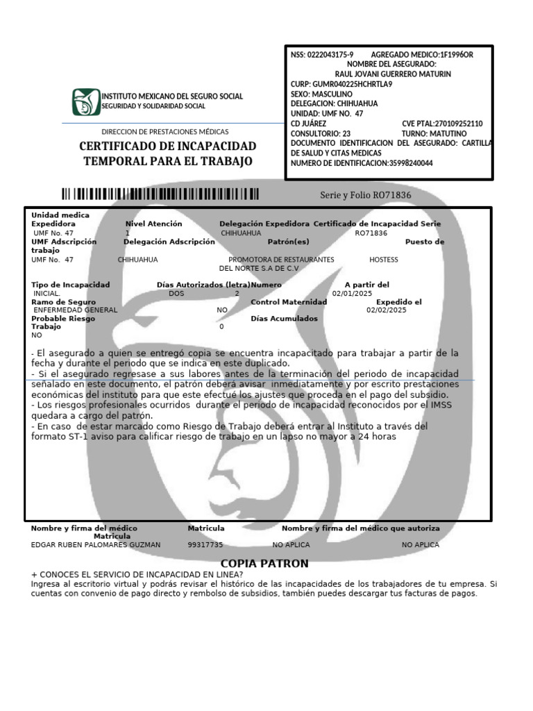 Certificado de Incapacidad IMSS | PDF