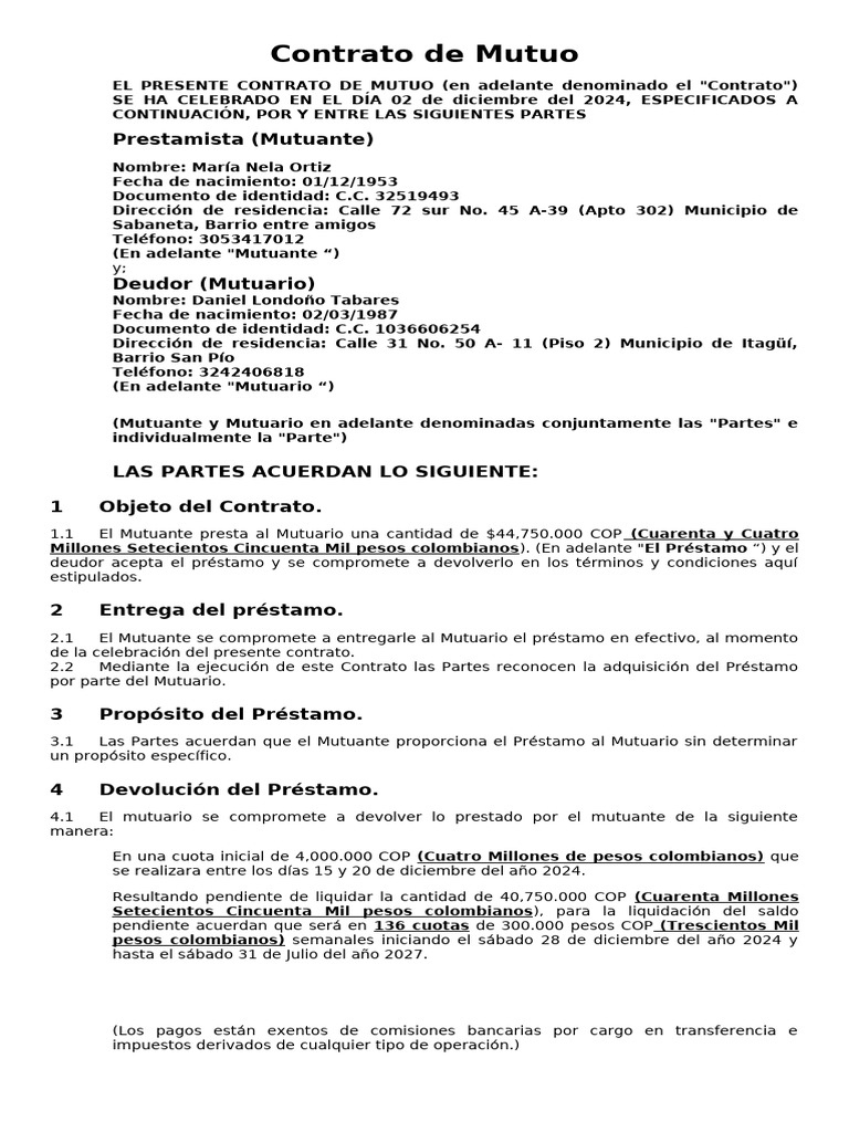 contrato-de-prestamo-mutuo (1) (1) | PDF | Ley de obligaciones | Derecho contractual