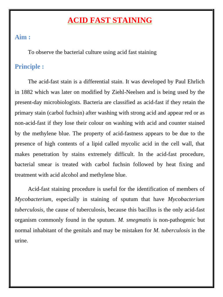 ACID FAST STAINING | PDF | Staining | Laboratory Techniques