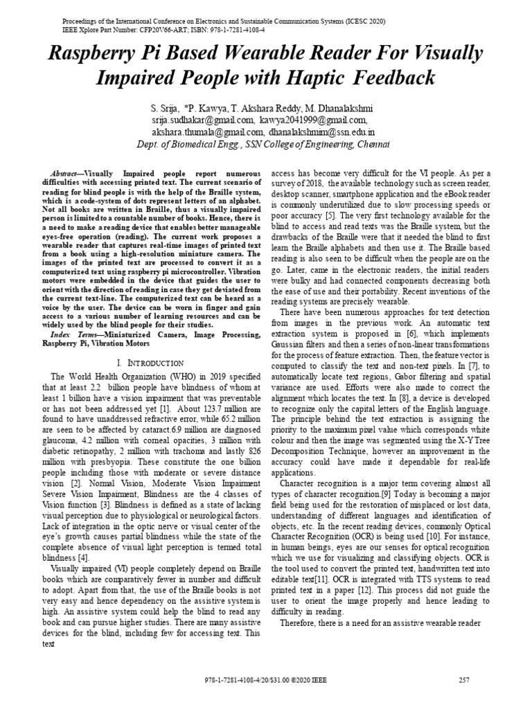 Raspberry Pi Based Wearable Reader For Visually Impaired People with ...