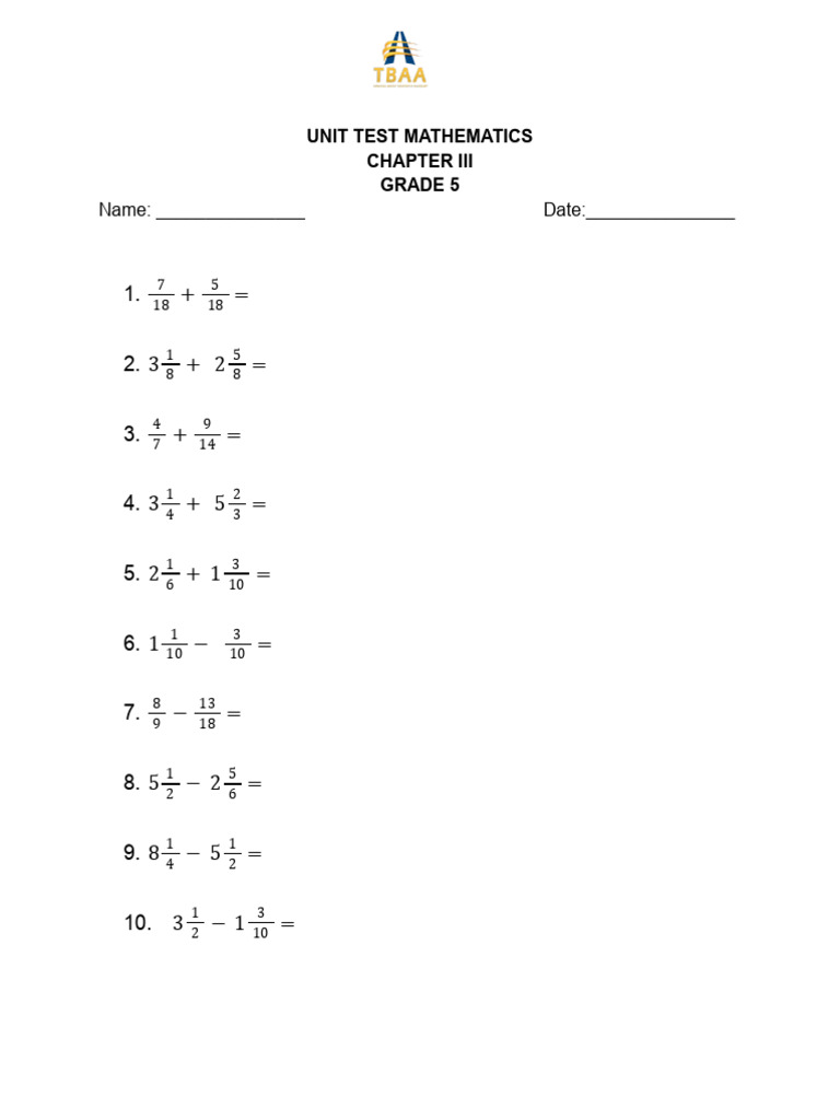 Unit Test Math Fraction | PDF