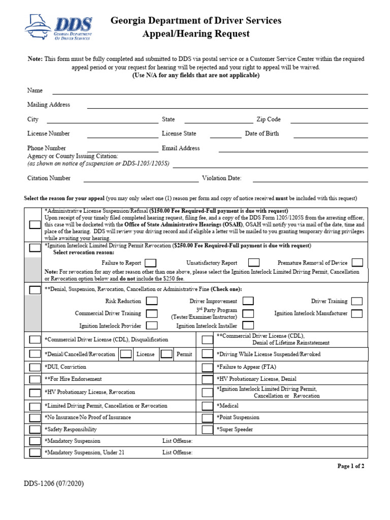 Georgia DDS Appeal Hearing Request Form | PDF