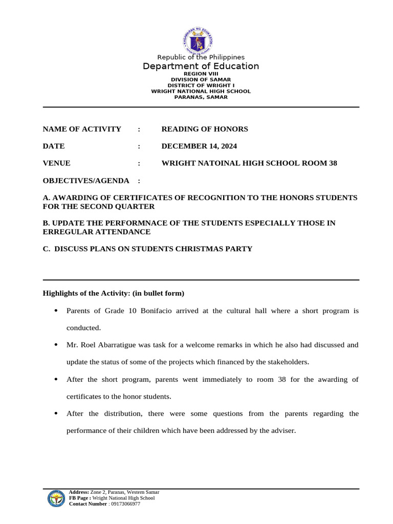 Acr-Lac-Reading of Honors | PDF