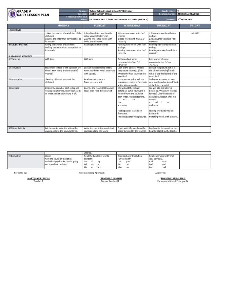 q2 w5 Reading Plan | PDF | Consonant | Alphabet