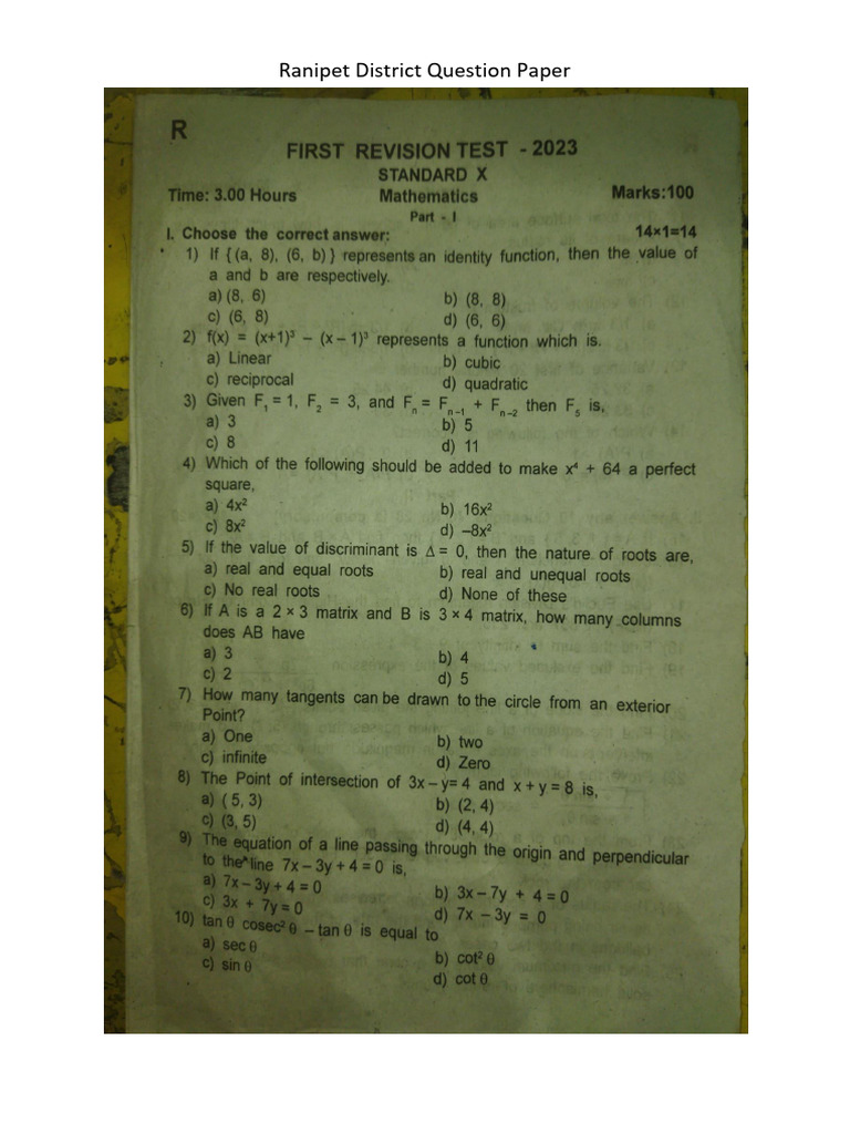 10th Maths EM 1st Revision Exam 2023 Original Question Paper English ...