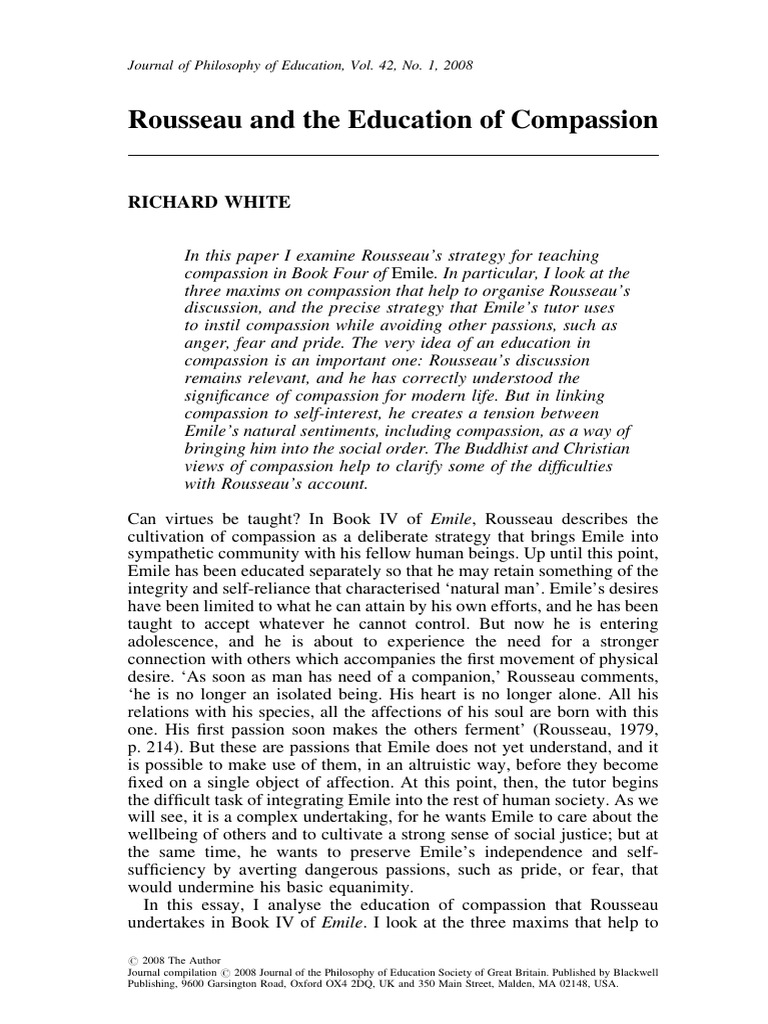 J Philosophy of Edu - 2008 - WHITE - Rousseau and The Education of Compassion | PDF | Emile, Or ...