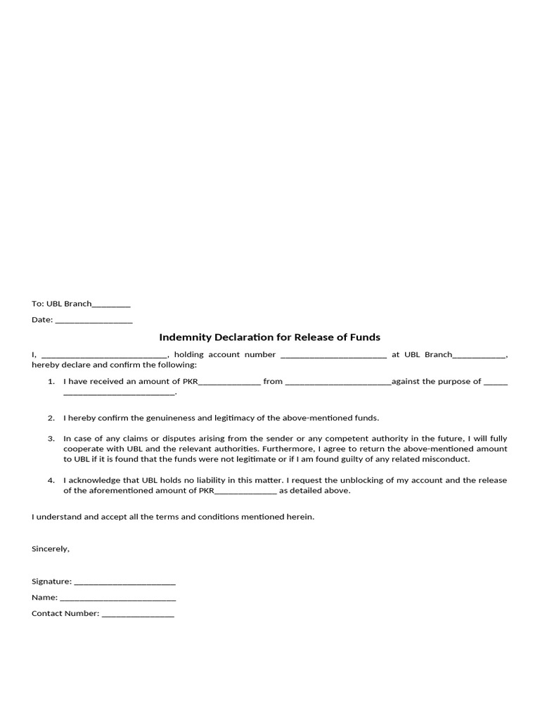 Indemnity Declaration for Release of Funds | PDF
