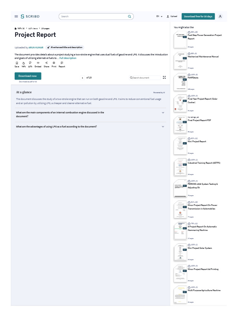Www Scribd Com Document 138079986 Project Report | PDF | Internal Combustion Engine | Engines