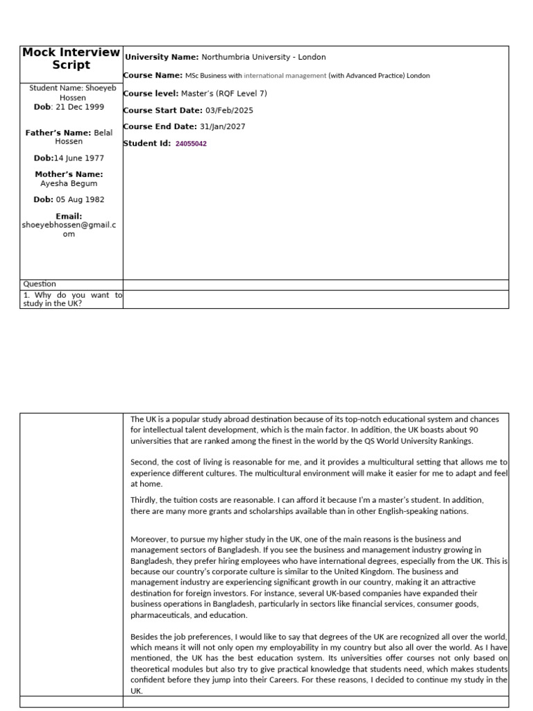 Northumbria University Cas Interview Question Blank Sheet - Questions ...