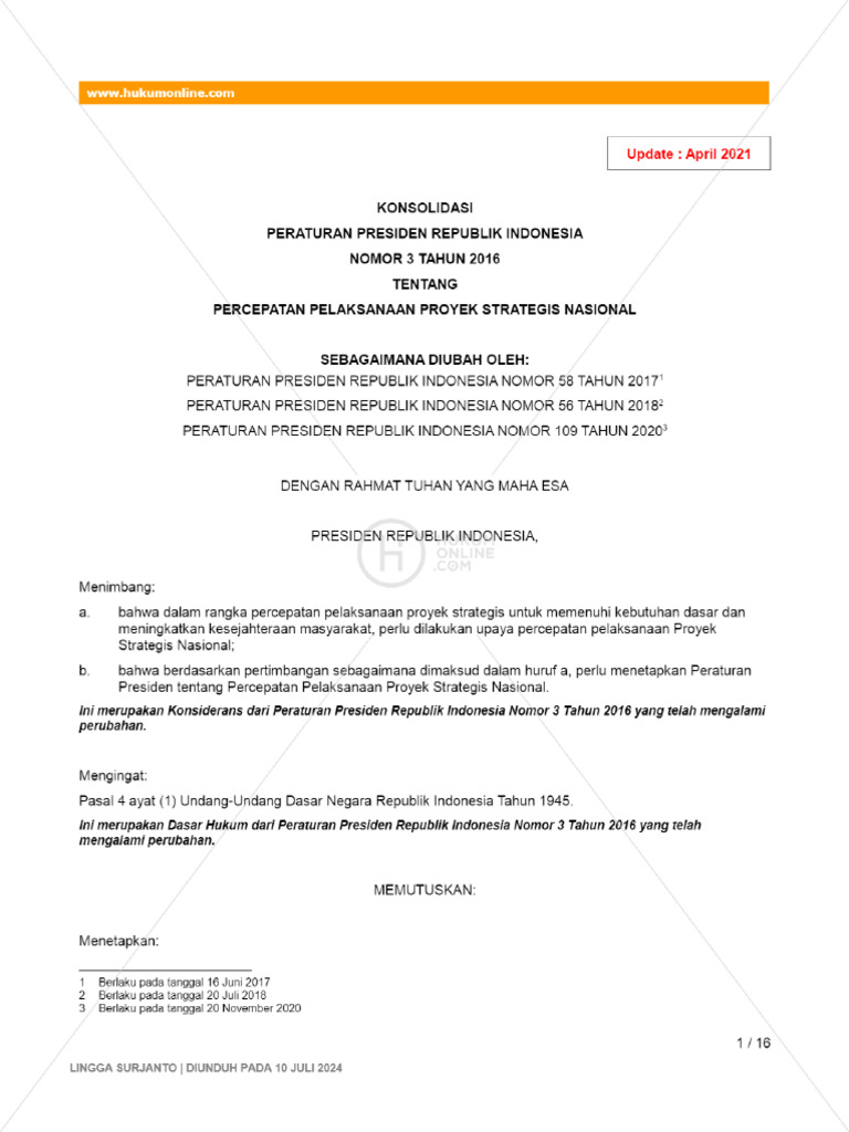 Peraturan Presiden Nomor 3 Tahun 2016 Pusat Data Hukumonline Pdf