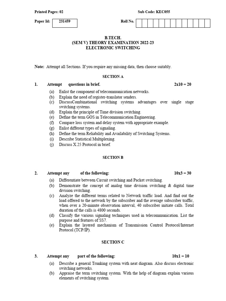 Btech Ec 5 Sem Electronic Switching Kec055 2023 | PDF | Telecommunications | Information And ...