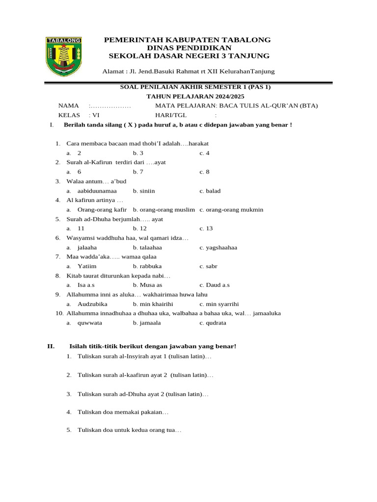 Soal KLS 6 BTA | PDF