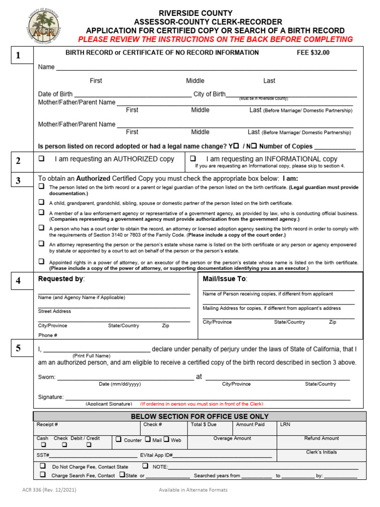 Application For Certified Copy or Search of A Birth Record - ACR336 | PDF | Birth Certificate ...