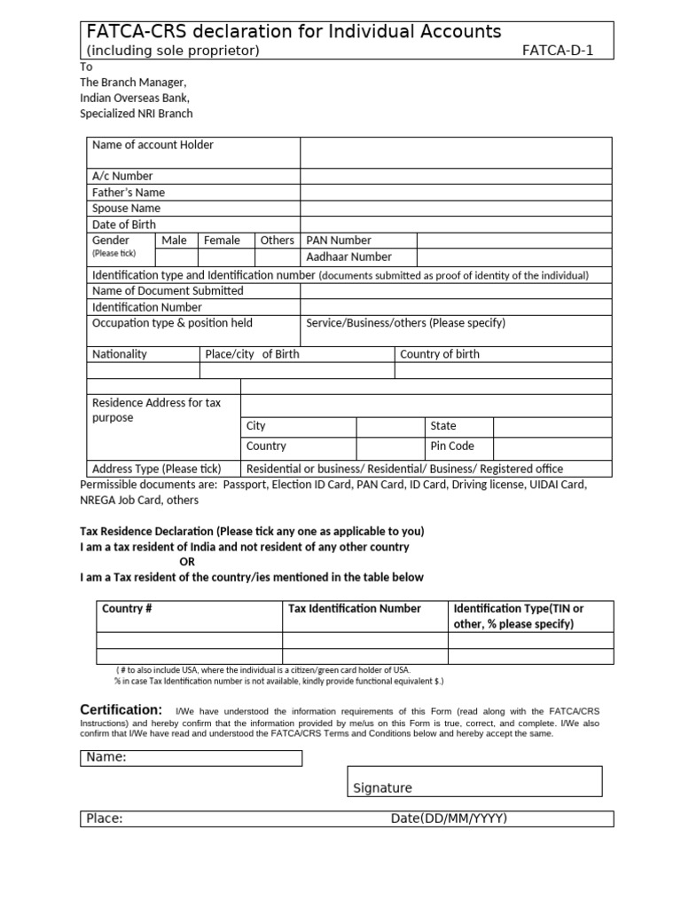 FATCA D 1form With Declaration | PDF | Identity Document | Government ...