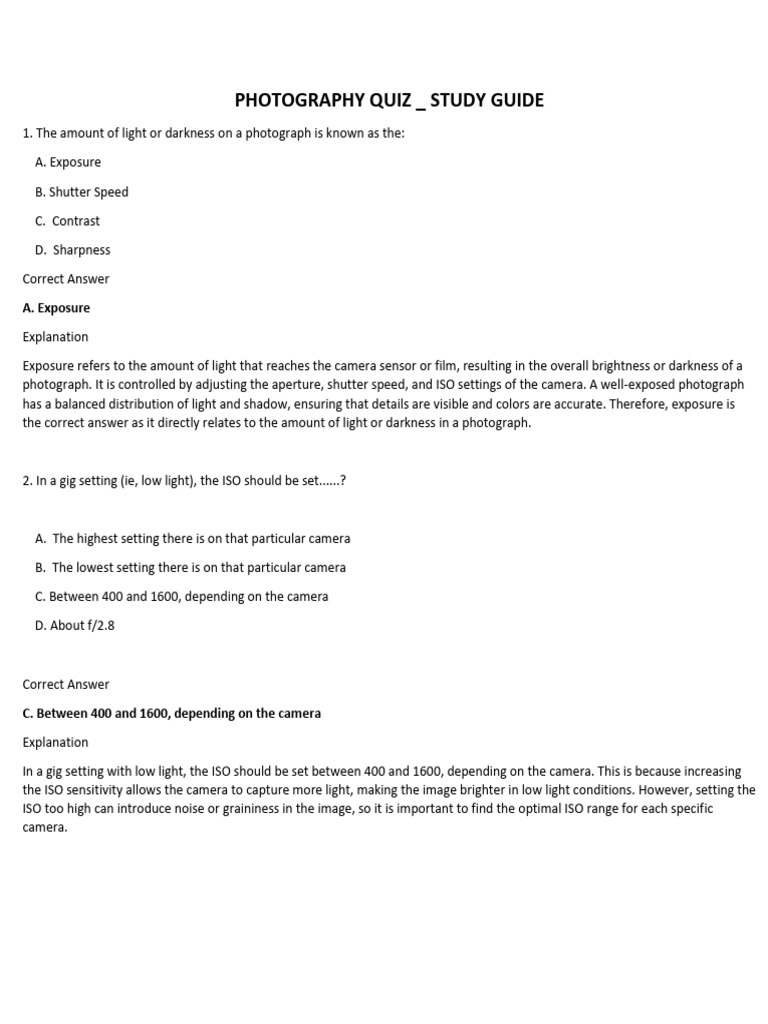 PHOTOGRAPGY QUIZ- study guide (1) | PDF | Shutter Speed | Exposure ...
