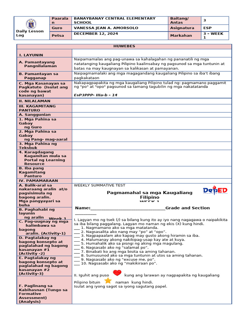 ESP DLL Q3 Worksheet | PDF