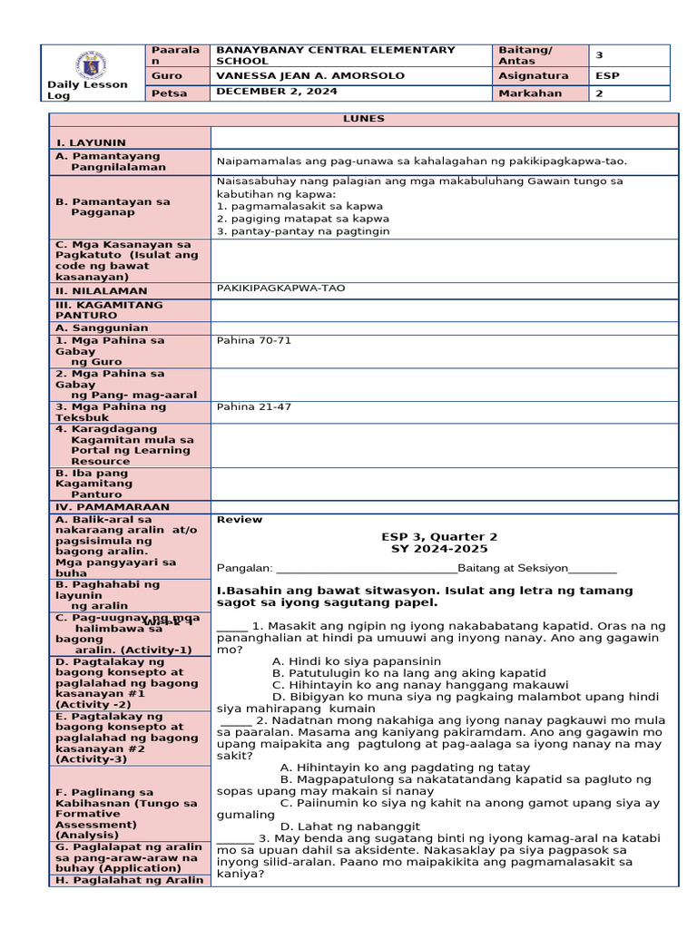 ESP LP Q3 Worksheet - Exam | PDF