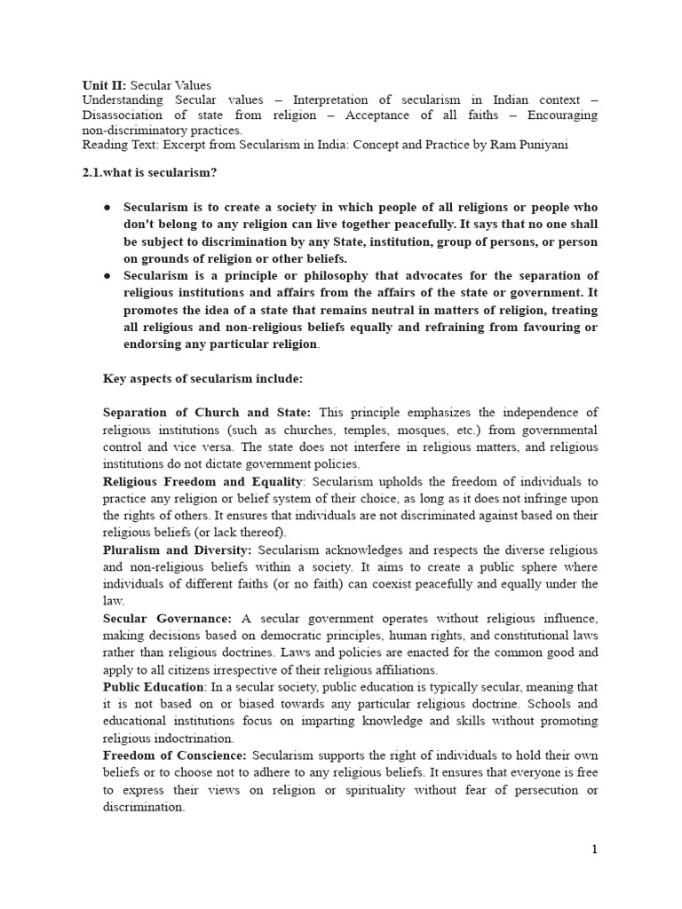 Unit II-Secular Values | PDF | Secularism | Humanism