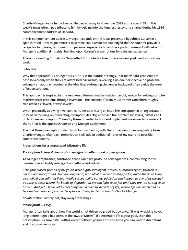 Munger's Guide to a Miserable Life | PDF | Envy
