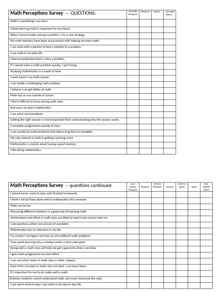Math Perceptions Survey 1 | PDF | Mathematics | Cognition