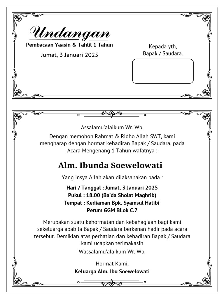 Undangan Yasin Dan Tahlil 1 Tahun | PDF