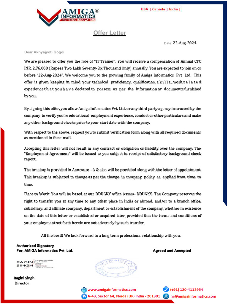 Revised Offer Letter - Akhyajyoti Gogoi | PDF | Employee Benefits ...