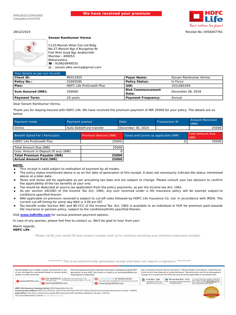 HDFC Life Premium Receipts | PDF | Life Insurance | Insurance