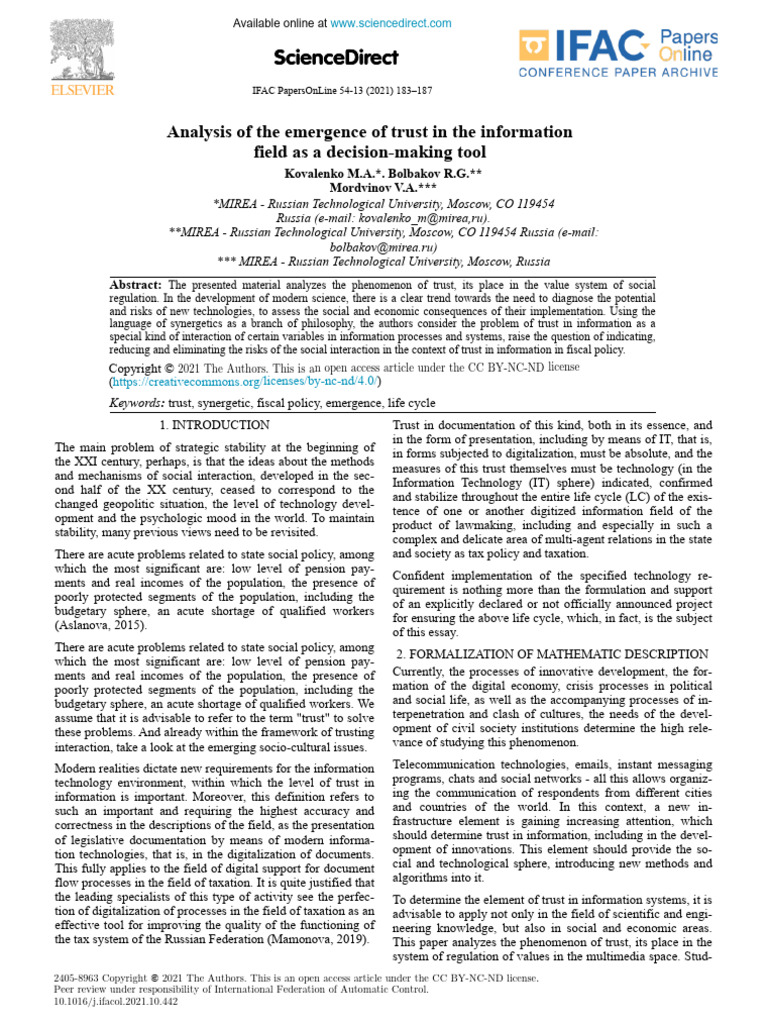 Analysis of The Emergence of Trust in The Information Field - 2021 - IFAC Papers | PDF | Economies