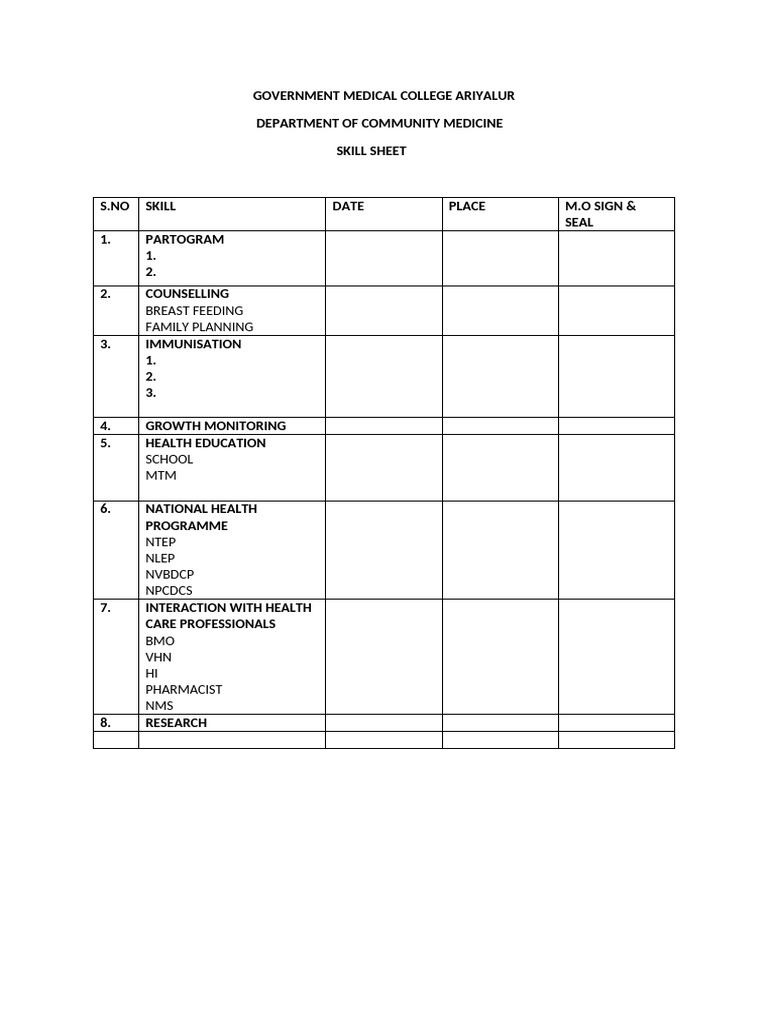 Skill Sheet | PDF
