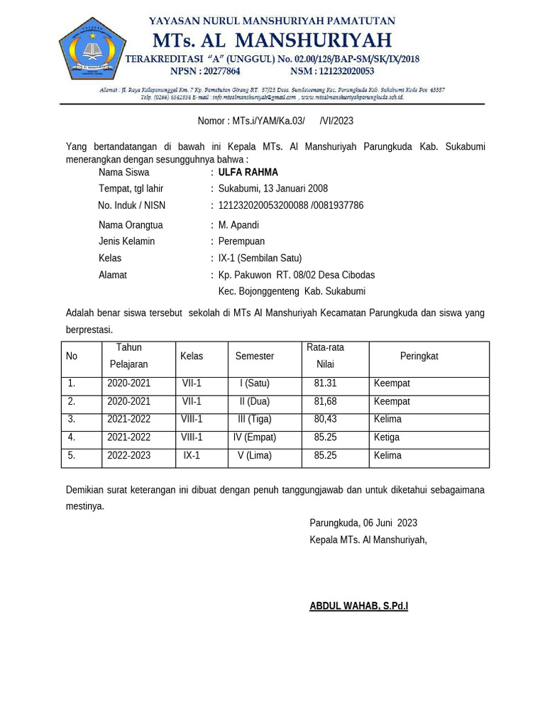 Surat Keterangan Prestasi Ulfa | PDF