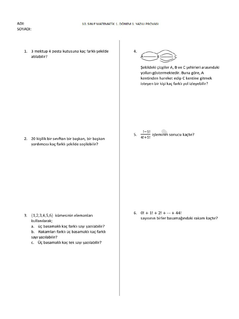 10.sinif Matematik 1. Donem 1. Yazili Sinav Sorulari Ve Cevaplari | PDF