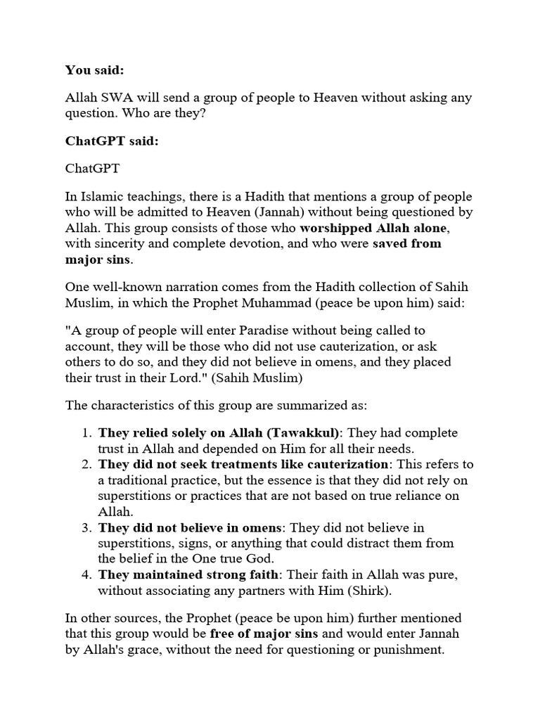 Allah SWA will send a group of people to Heaven without asking any ...