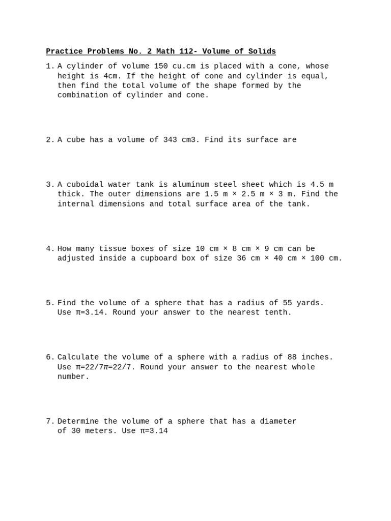 Practice Problems Math 112 Volumes of Solids | PDF | Volume | Area