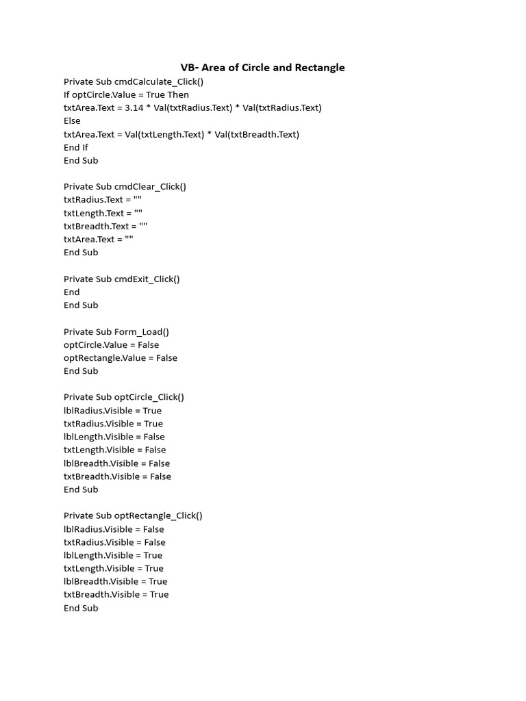 VB-Area of Circle and Rect | PDF