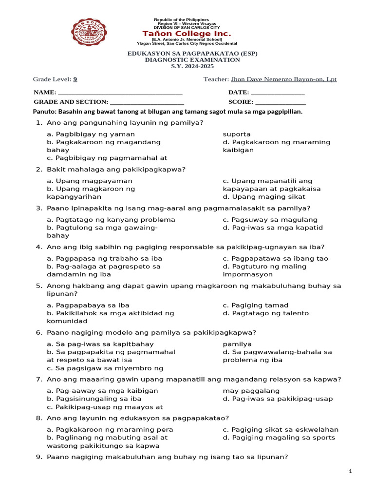 Final Esp Diagnostic Examination Bayon On | PDF