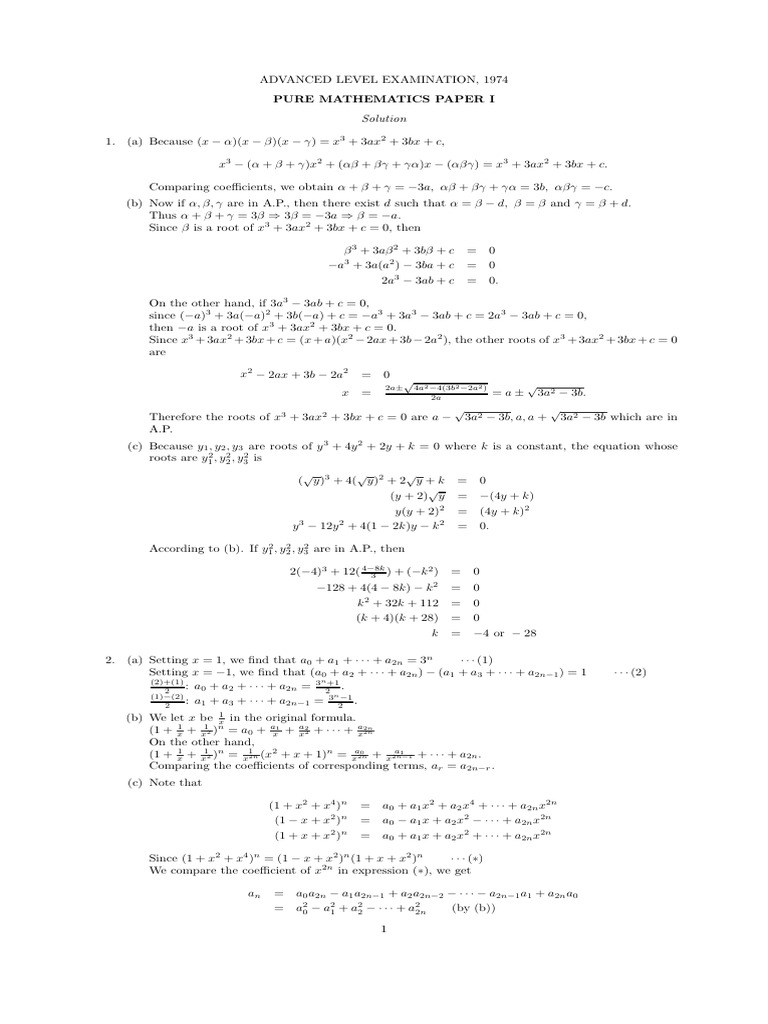 AL Pure Mathematics 1974 Paper 1+2 Suggested Solutions | PDF