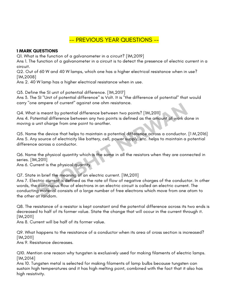 Class 10 Electricity Exam Notes Pdf Electrical Resistance And