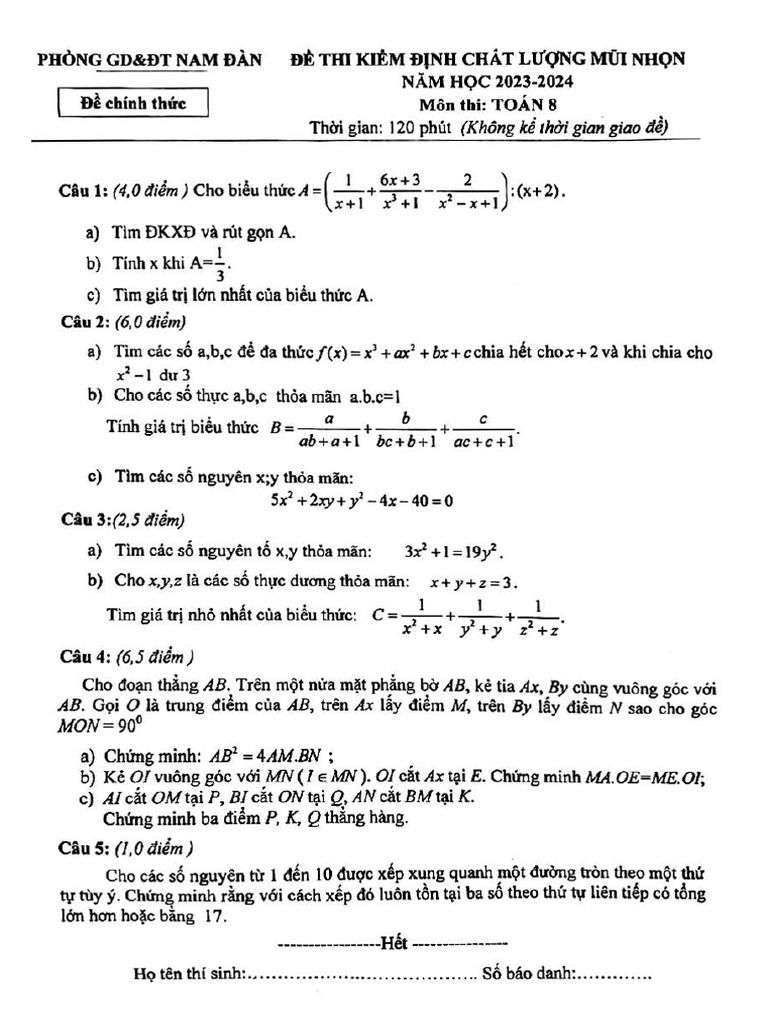 De KDCL Mui Nhon Toan 8 Nam 2023 2024 Phong GDDT Nam Dan Nghe An | PDF