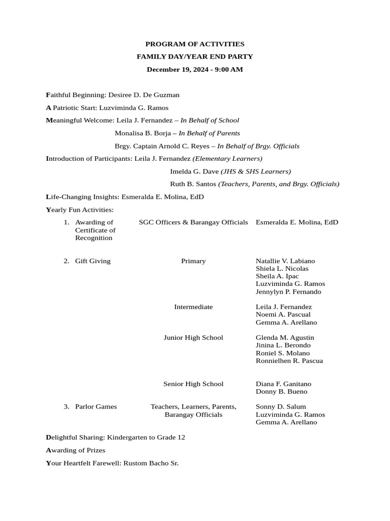 Family Day Year-End Party Program 2024 | PDF