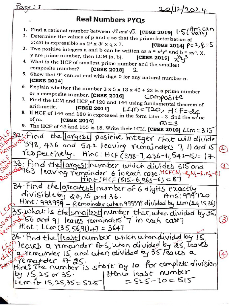 Pyqs Real Numbers Chapter 1 | PDF