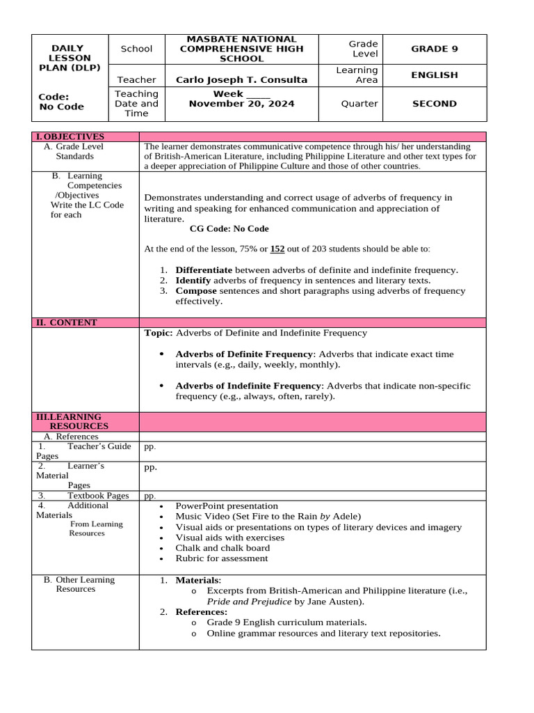 DLP - Adverbs of Indefinite and Definite Frequency | PDF | Teachers ...