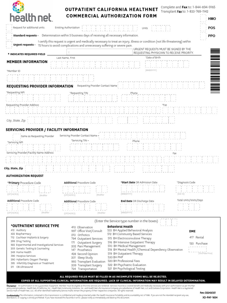 HealthNet Outpatient Authorization Form | PDF | Patient | Health Care