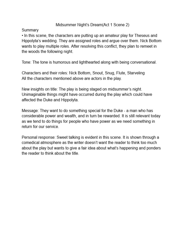 Midsummer Night's Dream Act 1 Scene 2 Summary | PDF