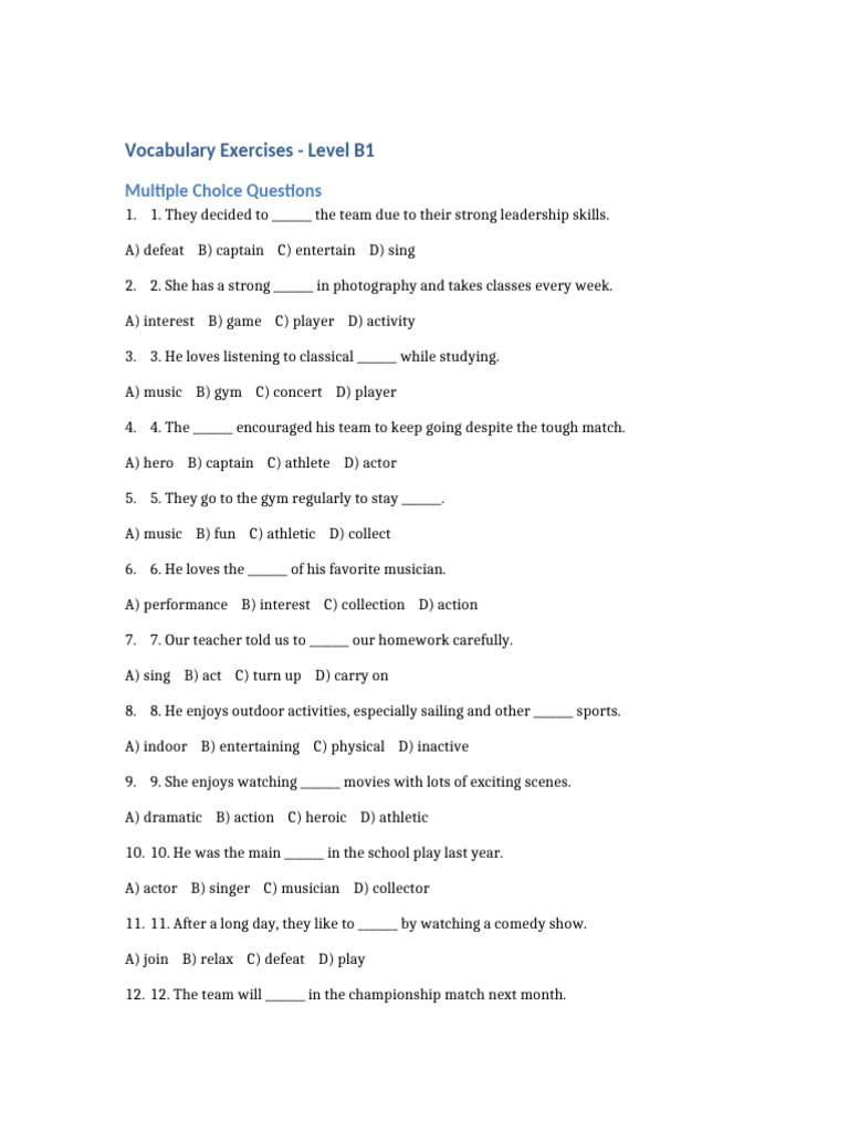 Vocabulary Exercises Level B1 Final Pdf Performing Arts