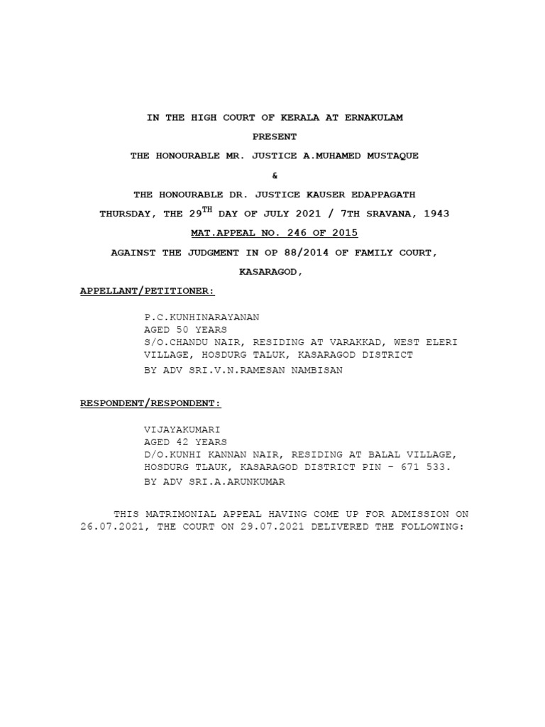 HC Ker 2021 Spouse Refuse To Live Together Without Reasonable Cause - Constructive Desertion ...